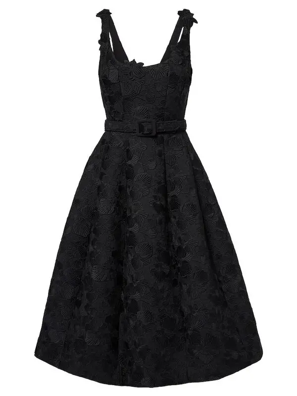 Oscar De La Renta Orchid Embroidered Lace Midi Dress - Black