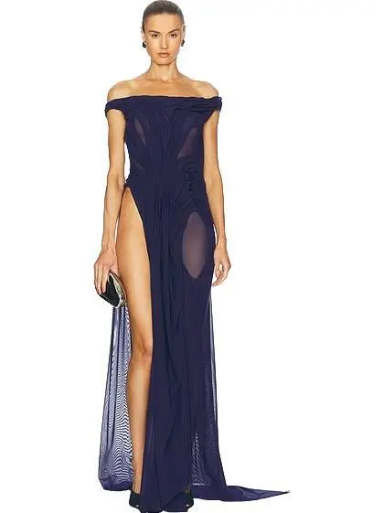 DI PETSA Wetlook Off-shoulder Long Dress - Navy