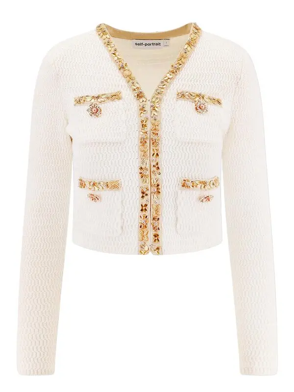 SELF-PORTRAIT Cardigan With Rhinestones Profiles - Beige