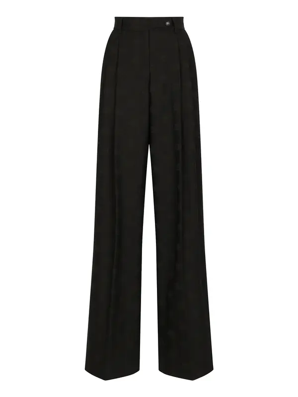 Dolce & Gabbana Flared Wool Jacquard Pants With Dg Logo - Black