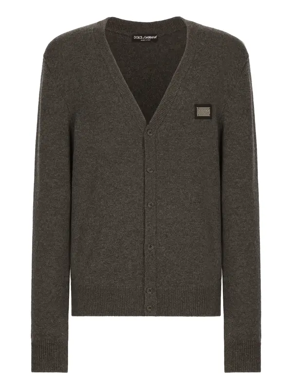 Dolce & Gabbana Cashmere And Wool Cardigan With Logo Tag - Grey