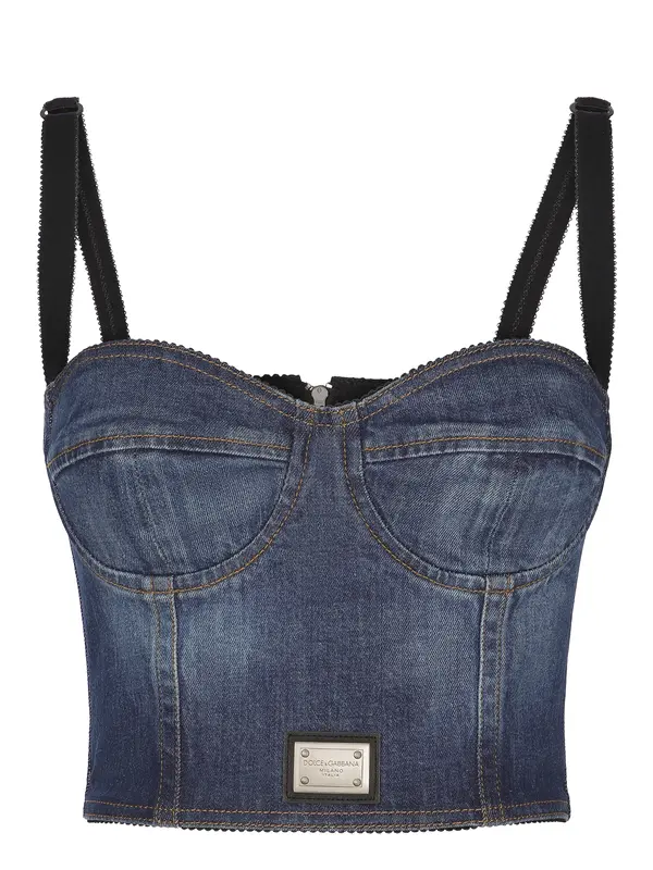 Dolce & Gabbana Denim Corset Top With Logo Tag - Blue