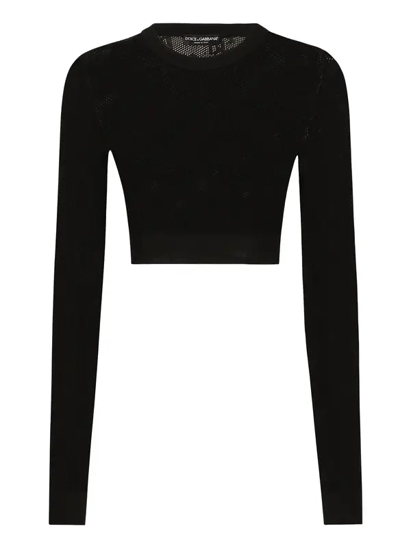 Dolce & Gabbana Cropped Mesh-stitch Viscose Sweater With Jacquard Dg Logo - Black
