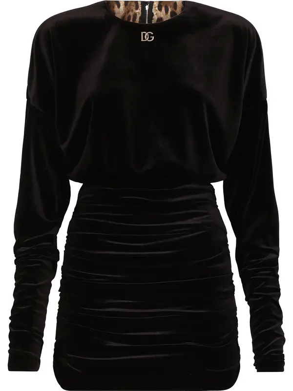 Dolce & Gabbana Draped Velvet Mini Dress With Dg Logo - Black