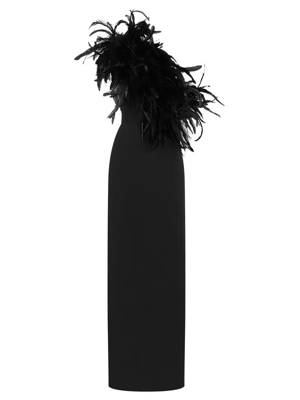 Dolce & Gabbana Long One-shoulder Stretch Cady Dress With Feathered Neckline - Black