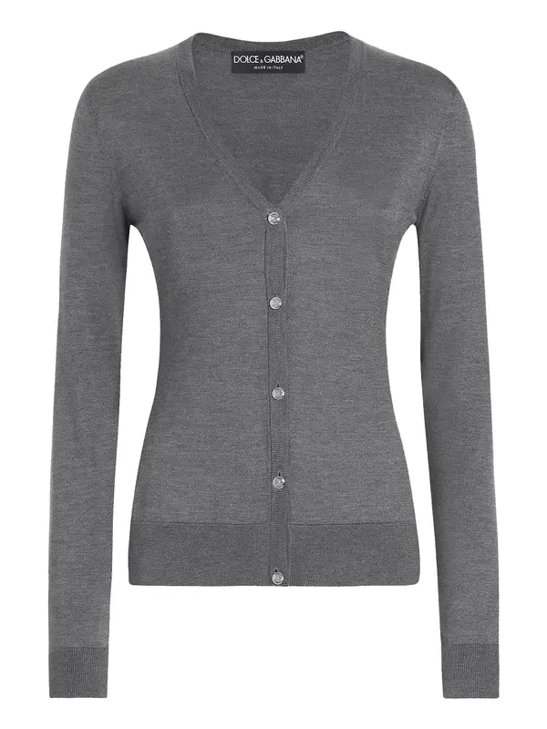 Dolce & Gabbana Silk V-neck Cardigan With Dg Logo - Grey