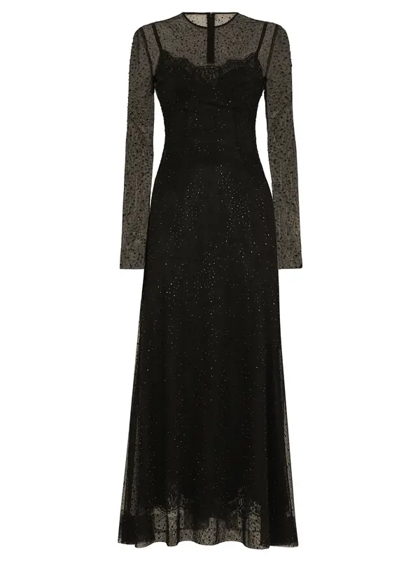 Dolce & Gabbana Long Tulle Dress With Rhinestone Embellishment - Black