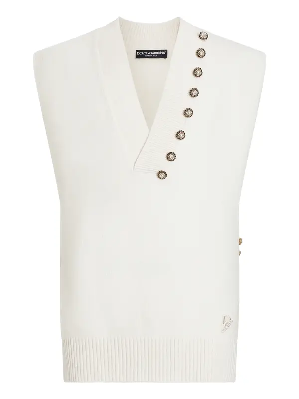 Dolce & Gabbana Wool V-neck Vest With Bejeweled Buttons - White