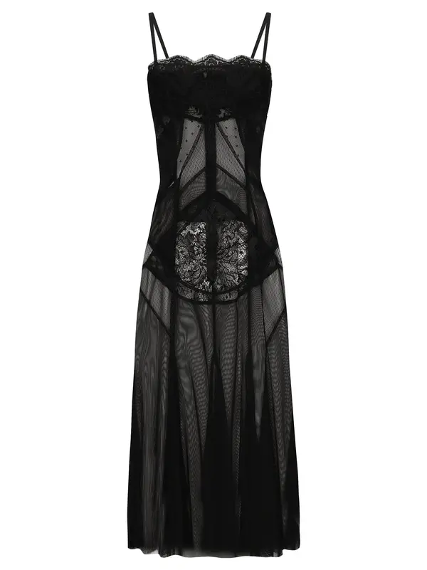 Dolce & Gabbana Tulle, Mesh And Lace Calf-length Slip Dress - Black
