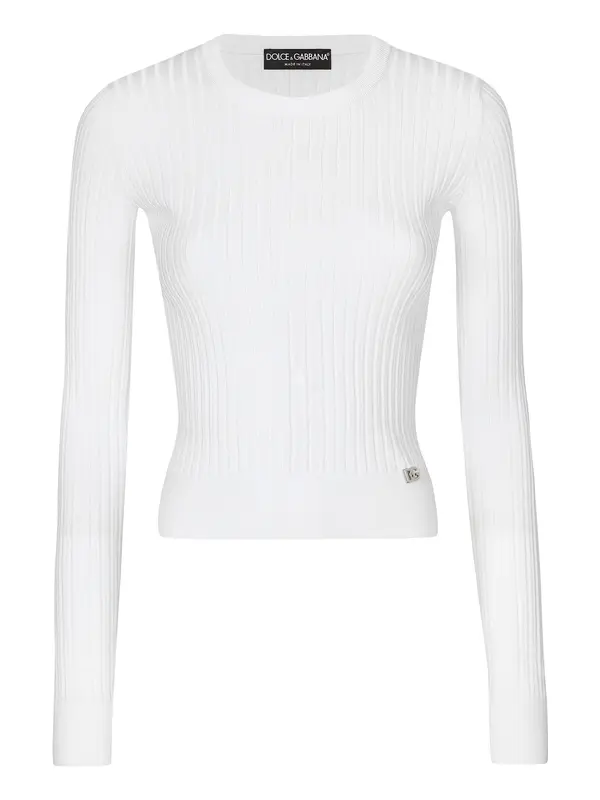 Dolce & Gabbana Ribbed Viscose Sweater With Metal Dg Logo - White