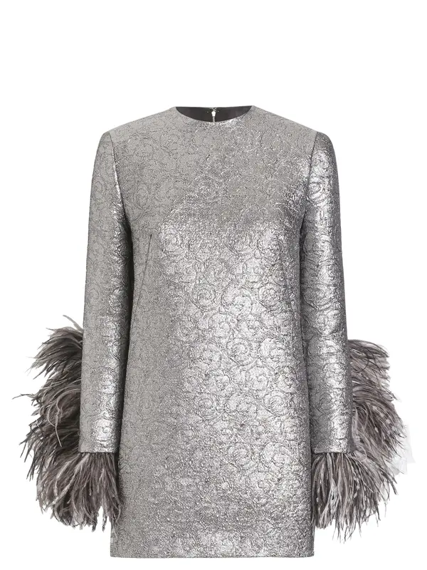 Dolce & Gabbana Quilted Lamé Jacquard Mini Dress With Feathers - Silver