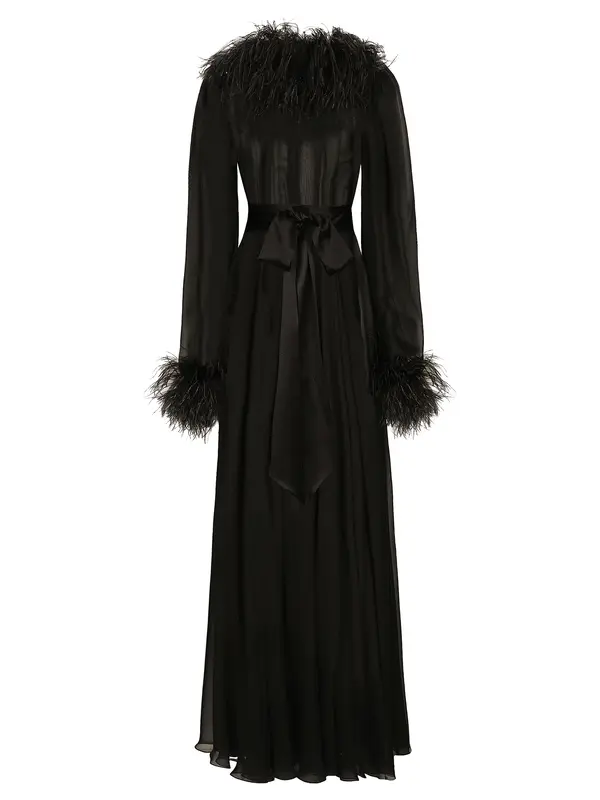 Dolce & Gabbana Long Silk Chiffon Dress With Ostrich Feather Details - Black