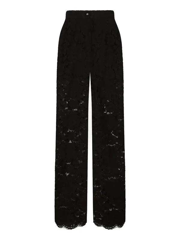 Dolce & Gabbana Flared Floral Cordonetto Lace Pants With Dg Logo - Black