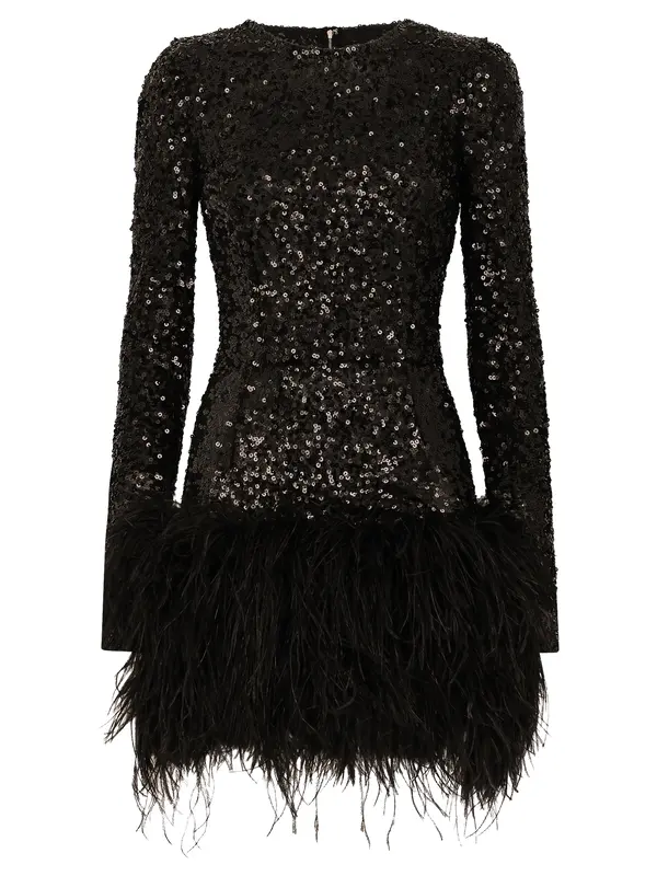 Dolce & Gabbana Sequined Dress With Feather Trim - Black