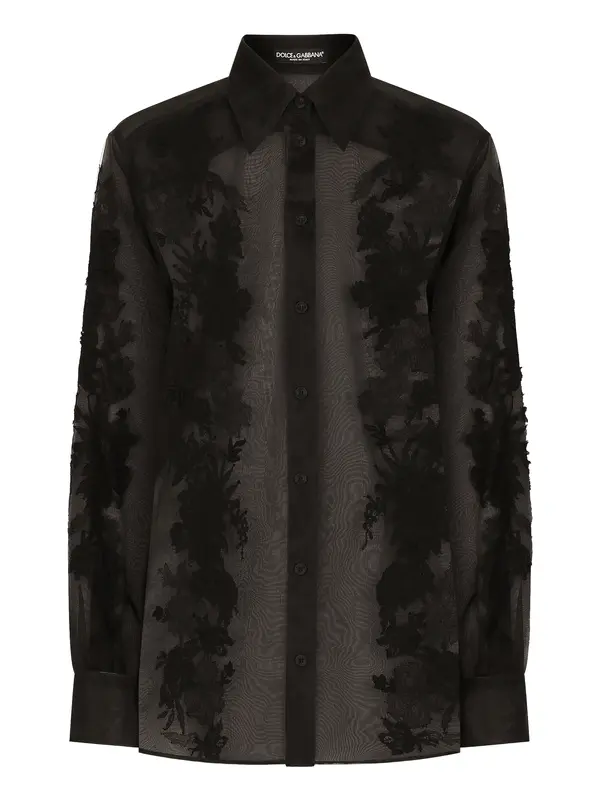 Dolce & Gabbana Organza Shirt With Lace Appliqués - Black