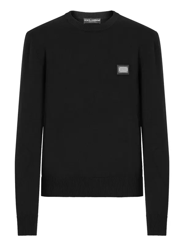 Dolce & Gabbana Wool Round-neck Sweater With Branded Tag - Black
