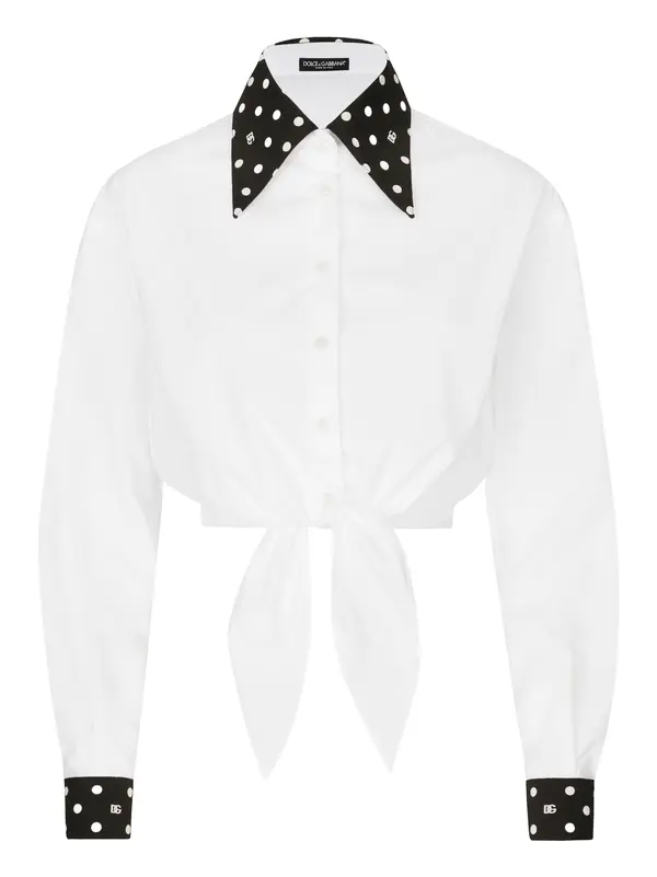 Dolce & Gabbana Cropped Polka-dot Print Cotton Shirt - White