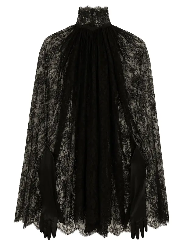 Dolce & Gabbana Short Chantilly Lace Cape Dress With Satin Gloves - Black