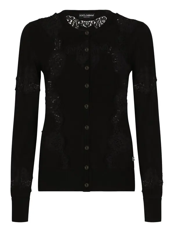 Dolce & Gabbana Cashmere And Silk Cardigan With Lace Inlay - Black