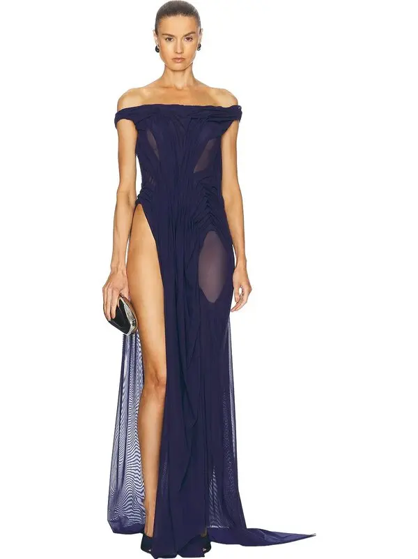 DI PETSA Wetlook Off Shoulder Long Dress - Navy
