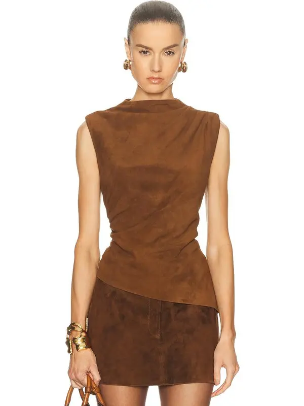 AEXAE Leather Ruched Top - Chestnut Brown