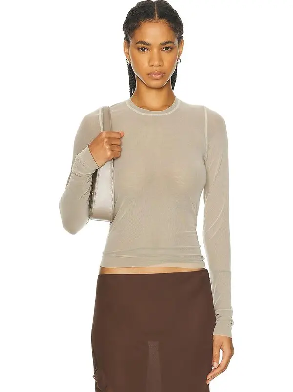 PRISCAVERA Long Sleeve Mesh Top - Beige & Brown
