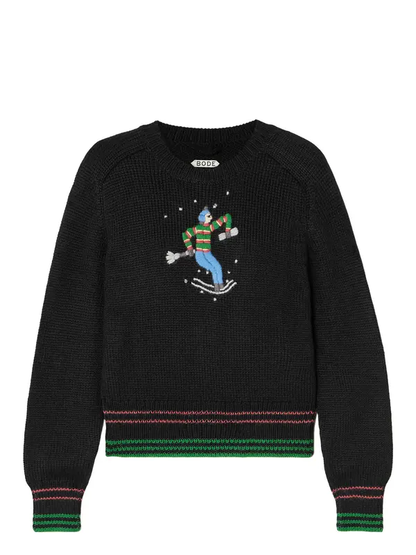 BODE Ski Run Cropped Embroidered Alpaca Sweater - Black