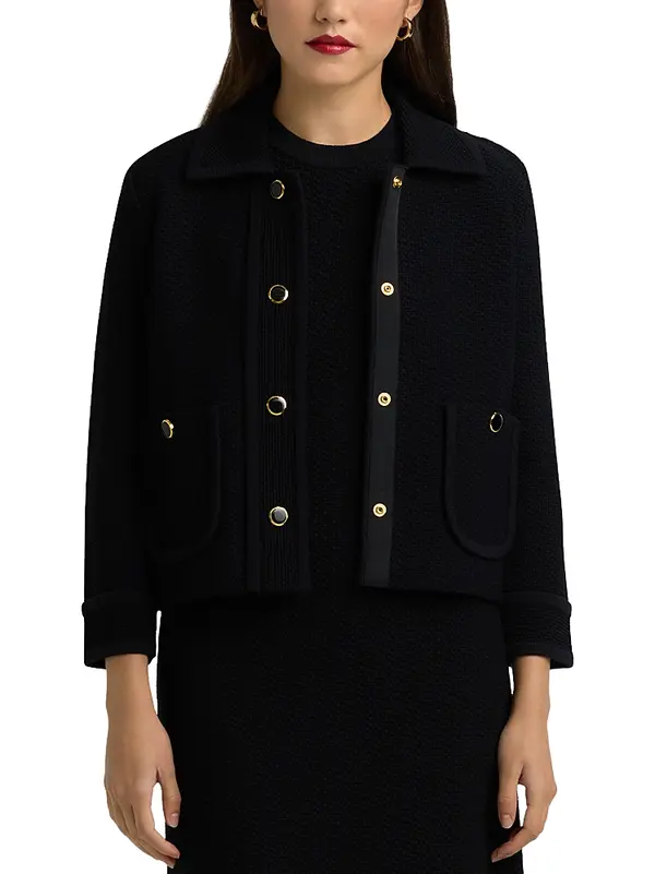 St. John Textured Knit Collared Jacket - Black