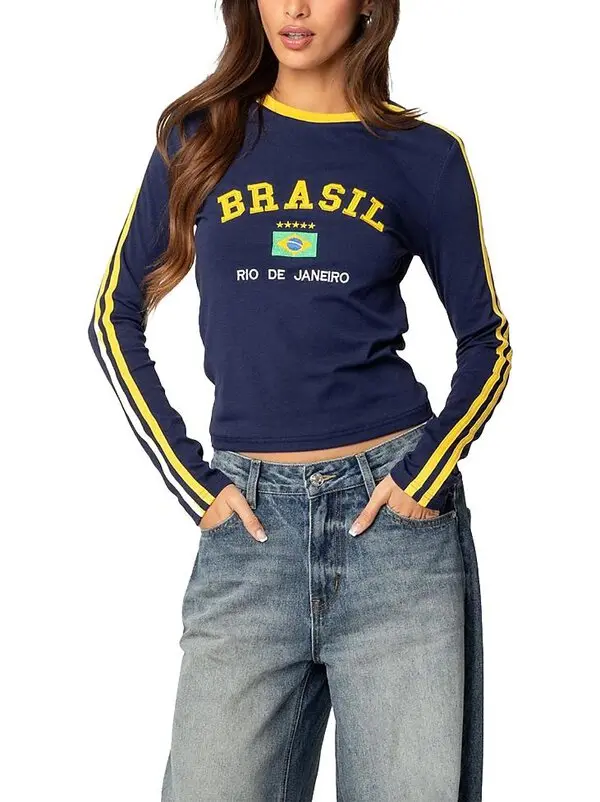 EDIKTED Brasil Embroidered Long Sleeve T-shirt - Navy