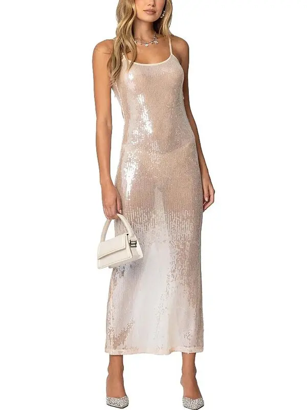 EDIKTED Sheer Sequin Slitted Maxi Dress - Light Pink