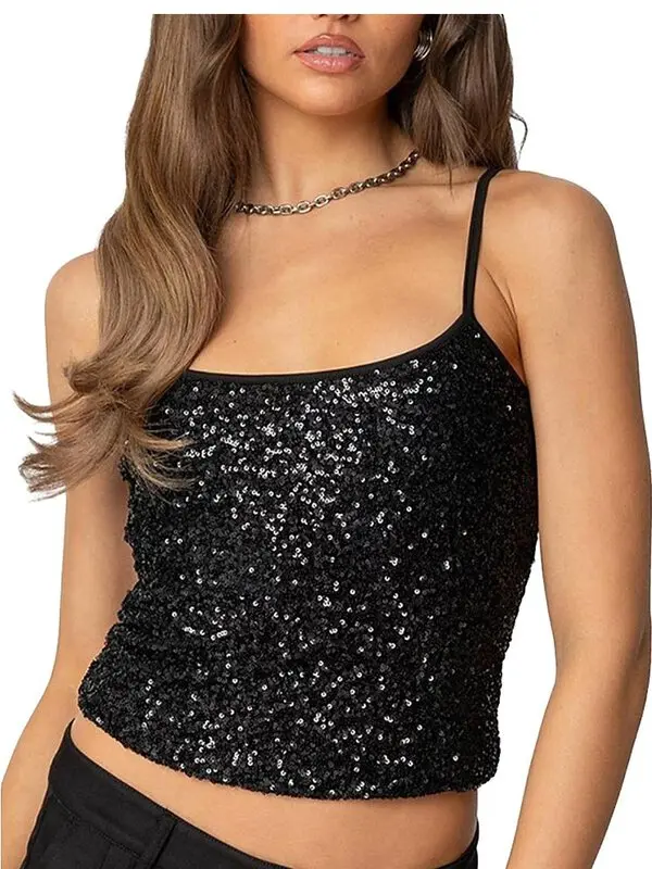 EDIKTED Celene Sequin Tank Top - Black