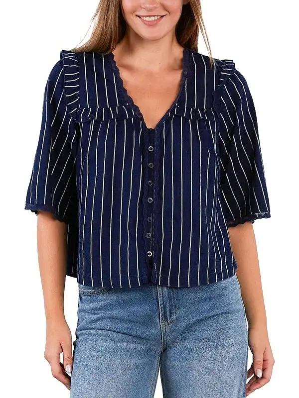 BILLY T Juliet Ruffled Shirt - Dark Indigo Pinstripe