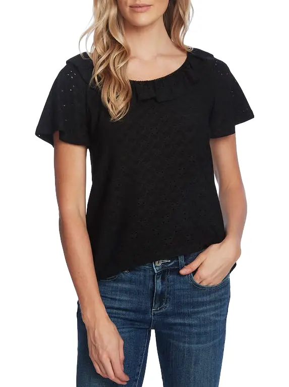 CECE DUPRAZ Ruffle Neck Eyelet Knit Top - Rich Black