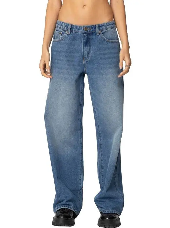 EDIKTED Nyc Washed Low Rise Wide Leg Jeans - Blue-washed