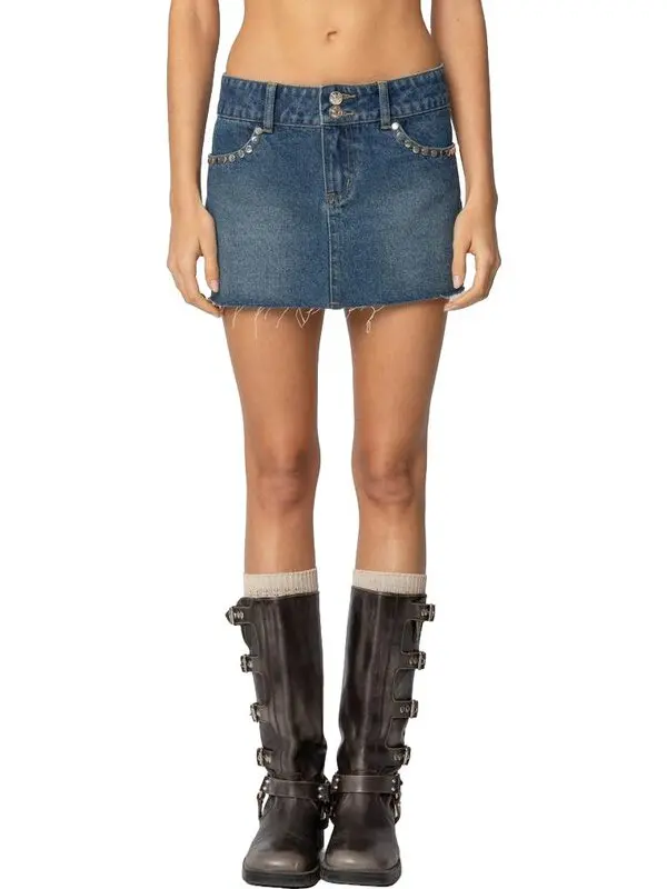 EDIKTED Tess Studded Denim Mini Skirt - Dark-blue