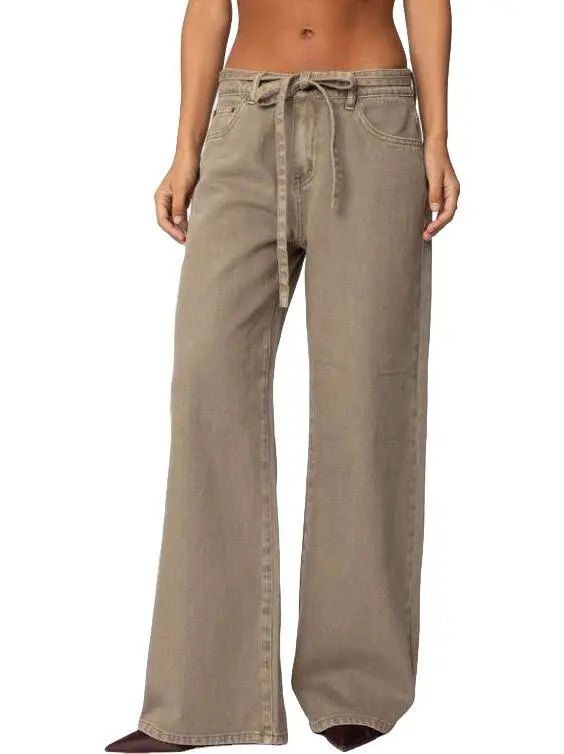 EDIKTED Hudson Oversize Tie Belt Wide Leg Jeans - Olive-washed