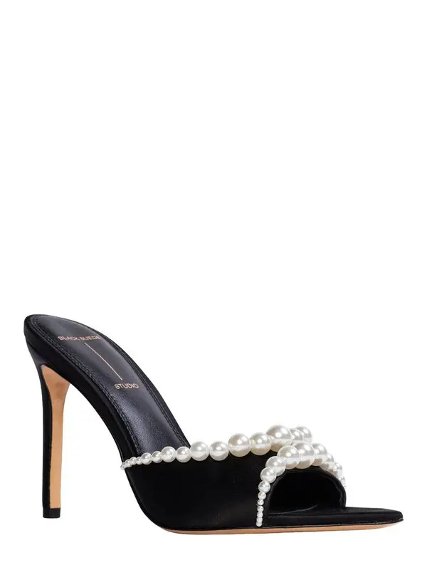 BLACK SUEDE STUDIO Gigi Pearly Beaded Stiletto Slide Sandal - Black Satin
