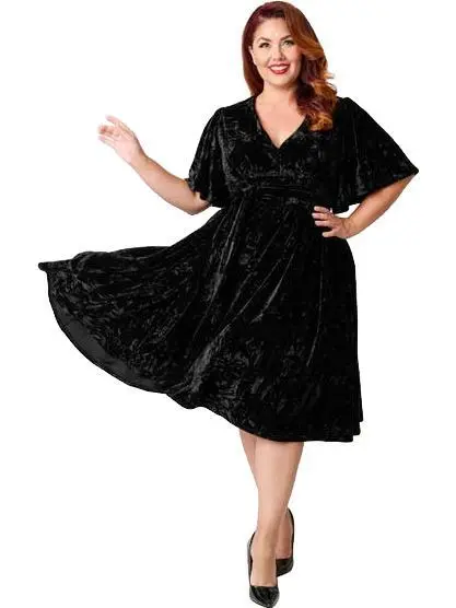 Unique Vintage Velvet Flutter Sleeve Swing Dress - Black Velvet