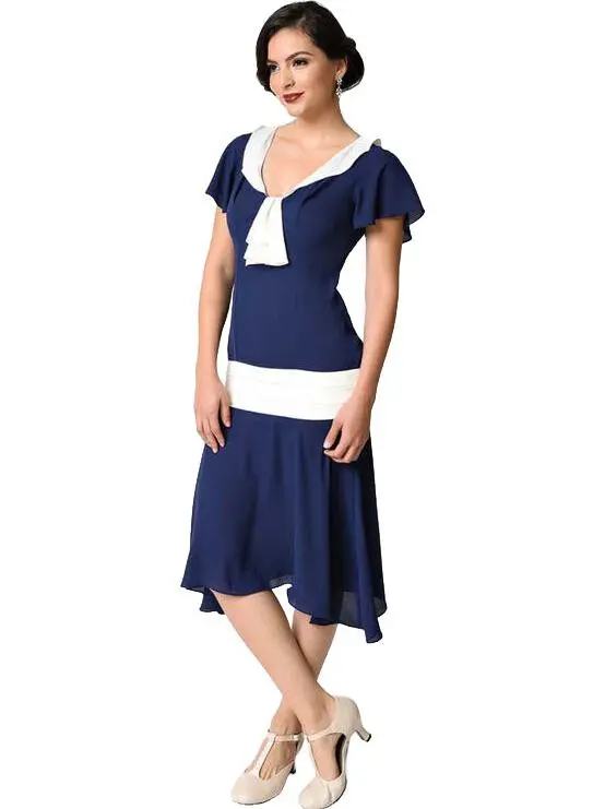 Unique Vintage 1920s Wilshire Day Dress - Navy & White
