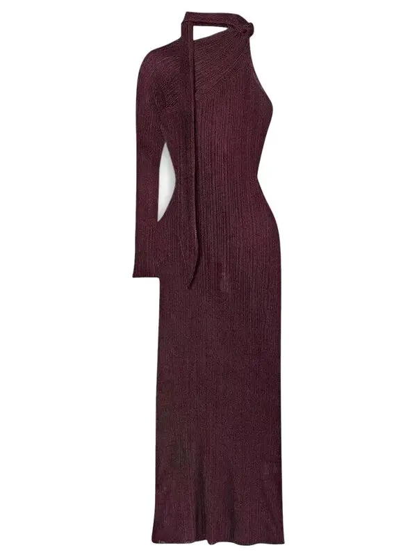 Rabanne One-sleeve Tie-detailed Metallic Plissé-knit Maxi Dress - Burgundy