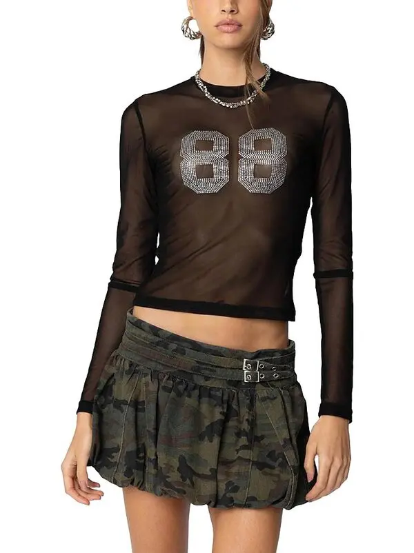 EDIKTED 88 Rhinestone Sheer Mesh Top - Black
