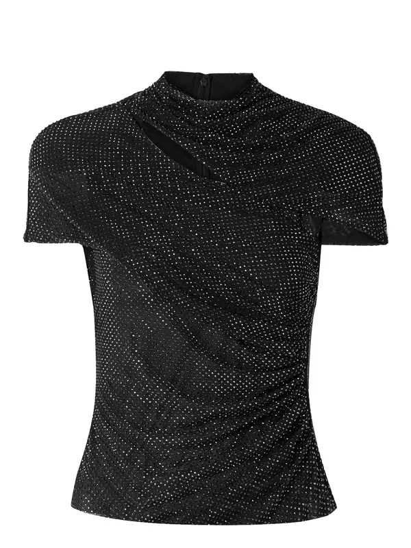 SELF-PORTRAIT Cutout Crystal-embellished Mesh Top - Black