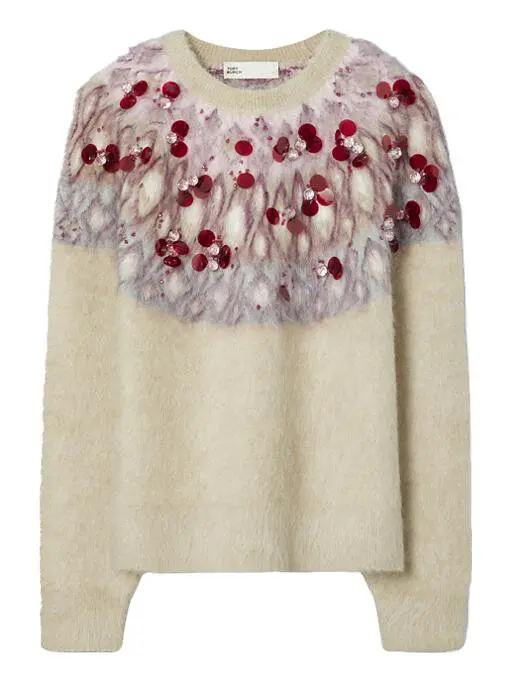 Tory Burch Embellished Wool Sweater - Beige Stone/mulberry Wine