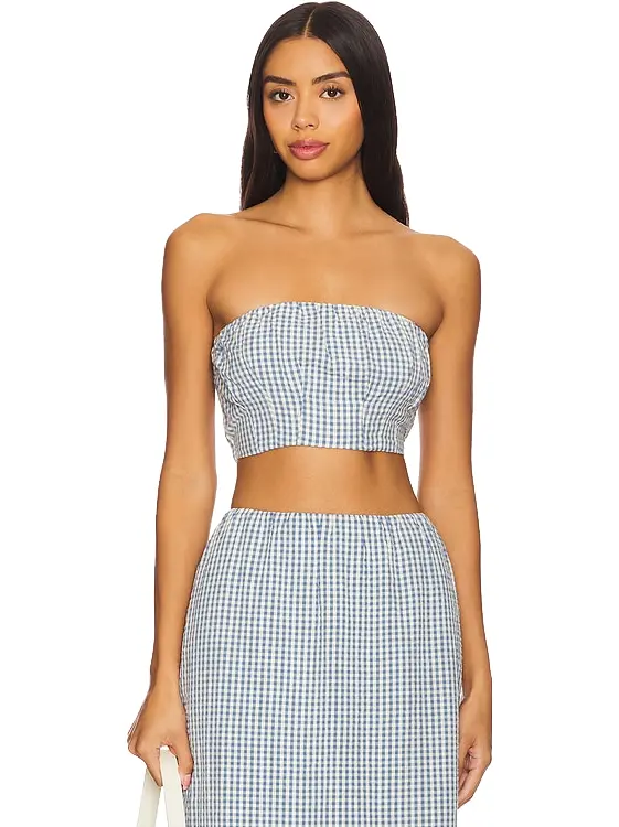 Posse Mira Strapless Crop Top - Blue & Cream Gingham
