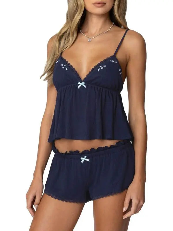 EDIKTED Dream Waffle Stitch Babydoll Camisole - Navy
