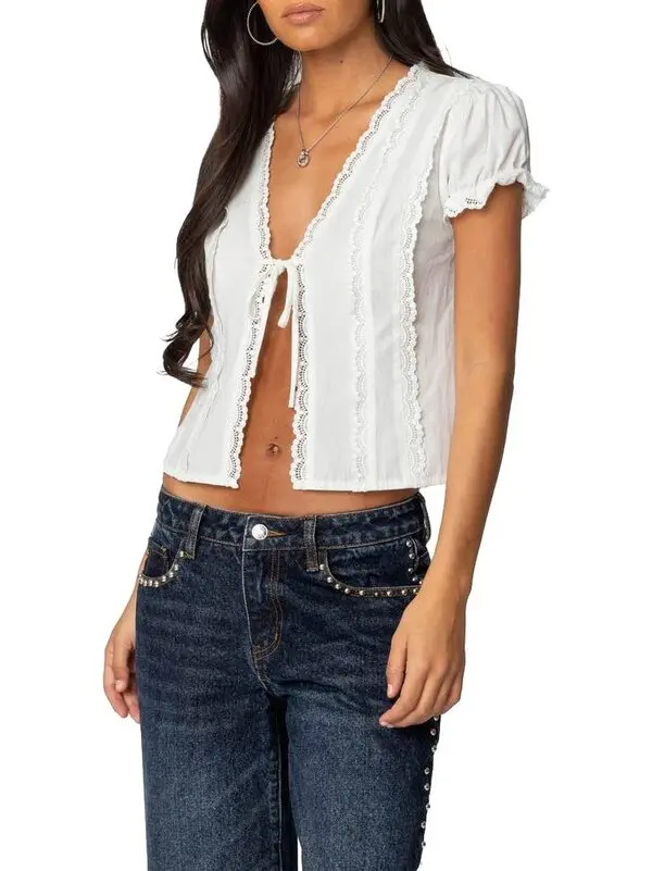 EDIKTED Tie Front Scalloped Top - White