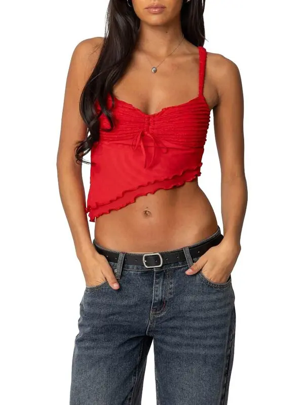 EDIKTED Ruffle Asymmetric Crop Top - Red