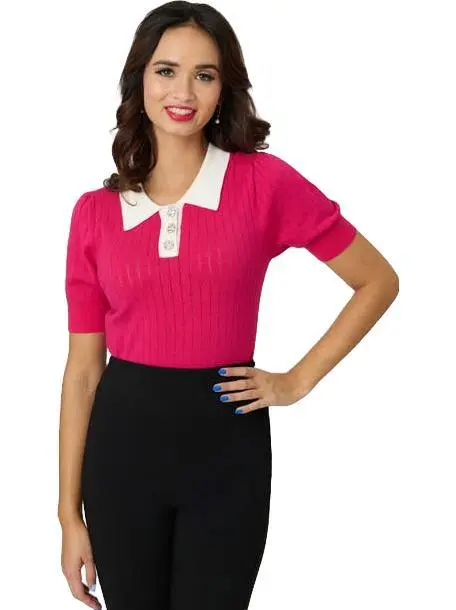 Unique Vintage Collared Short Sleeve Sweater - Hot Pink