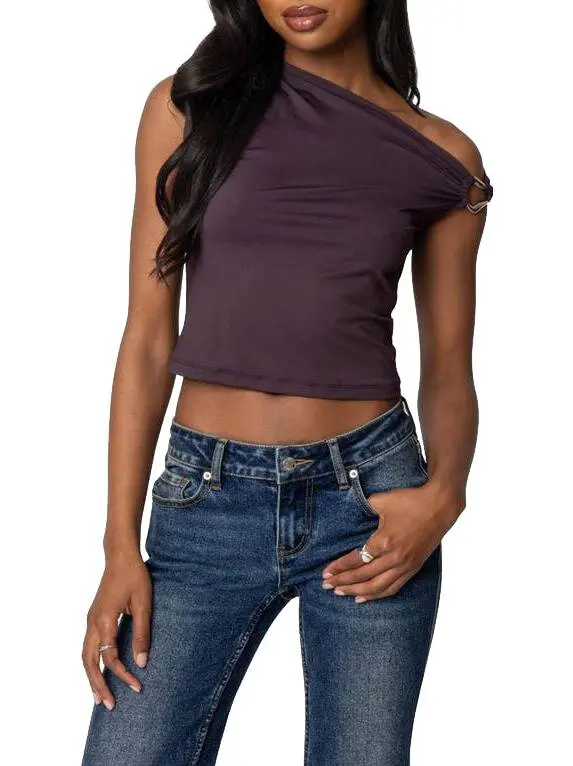 EDIKTED Metal Ring One-shoulder Top - Purple