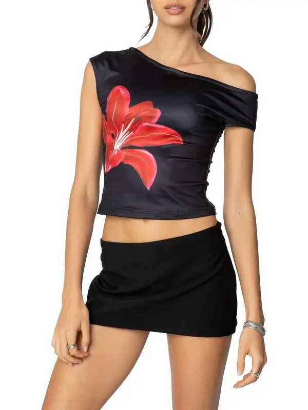 EDIKTED Firelily Floral One-shoulder Top - Black